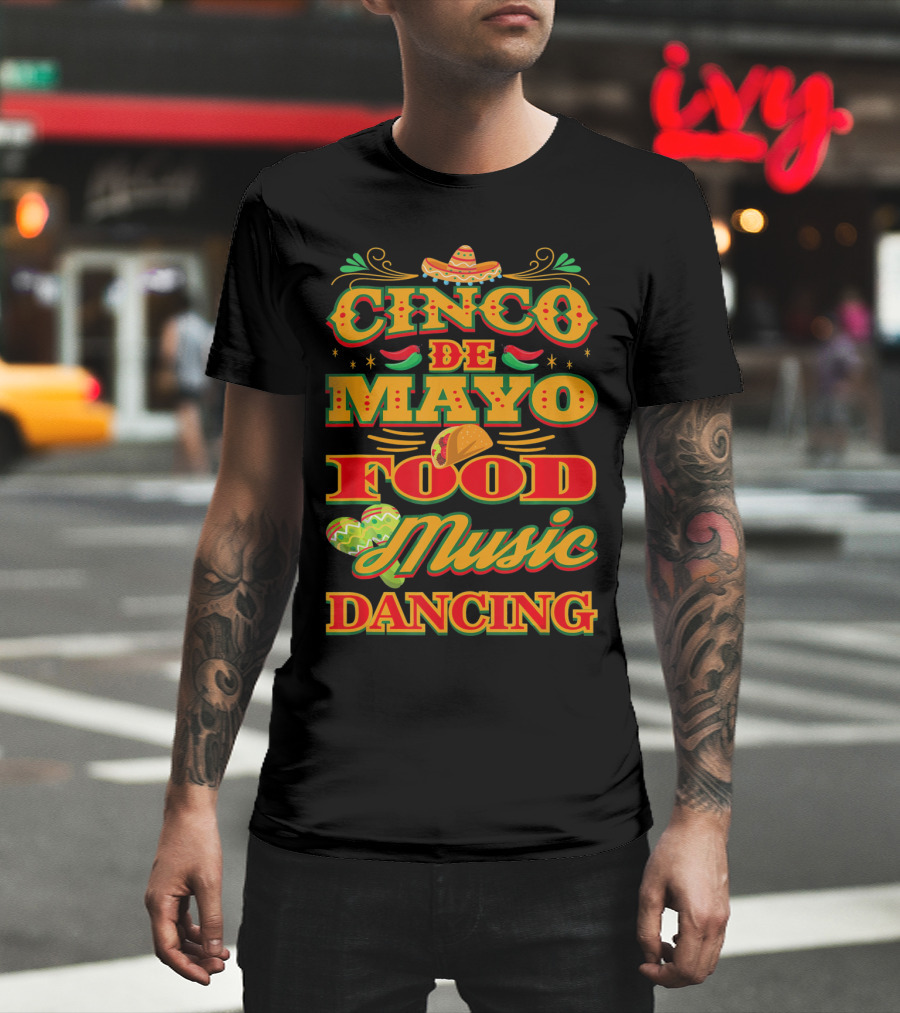 Cinco De Mayo Food Music Dancing Sombrero Taco Decor Elements T-Shirt