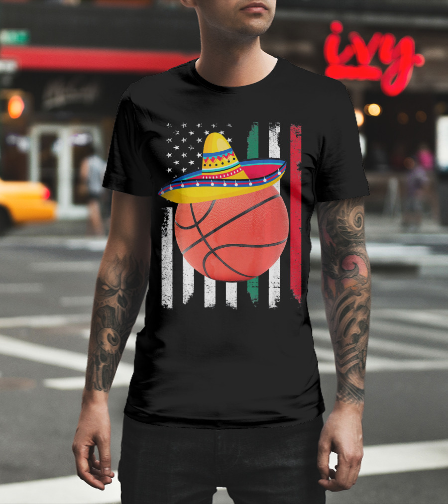 Cinco De Mayo Basketball Sombrero USA Mexico Flag T-Shirt
