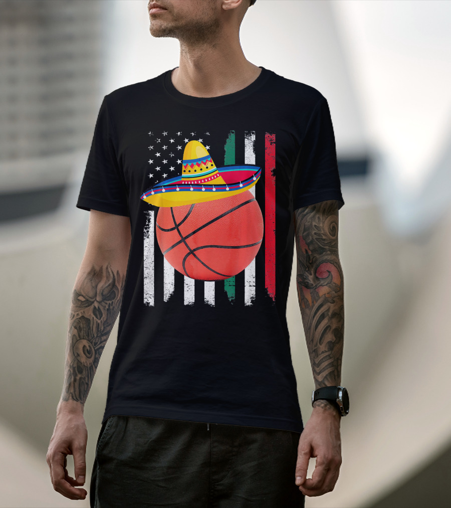 Cinco De Mayo Basketball Sombrero USA Mexico Flag T-Shirt