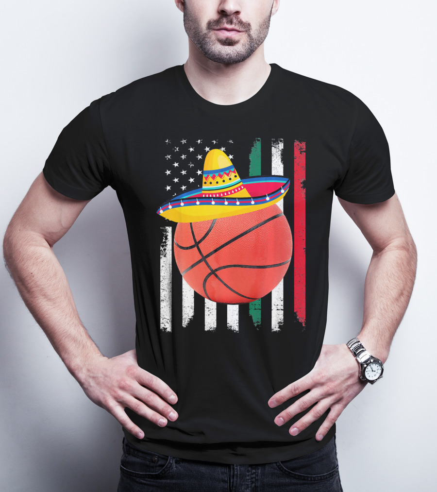 Cinco De Mayo Basketball Sombrero USA Mexico Flag T-Shirt