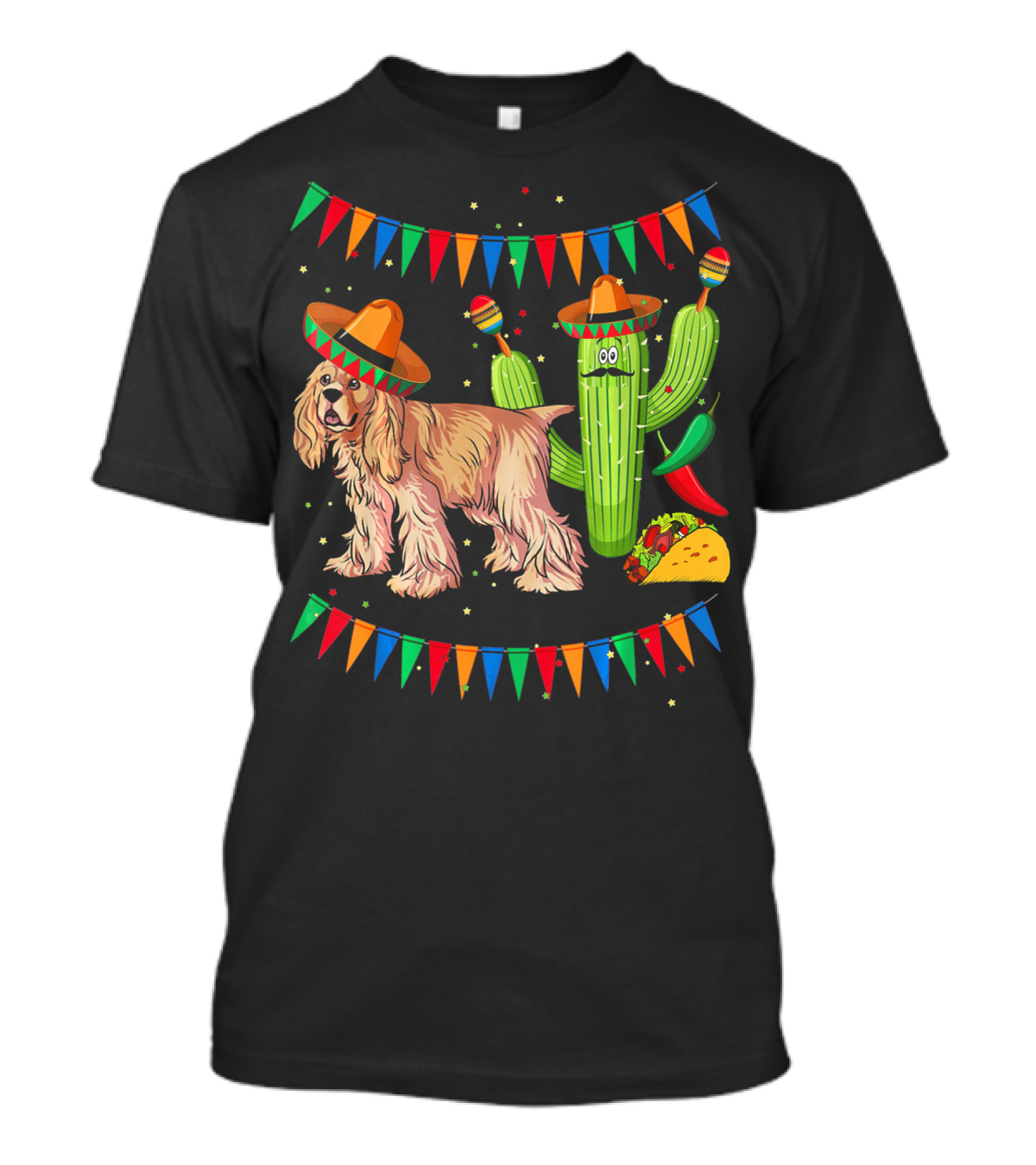 Sombrero Cocker Spaniel Dog Mexico Cinco Cactus Taco Fiesta Flags T-Shirt