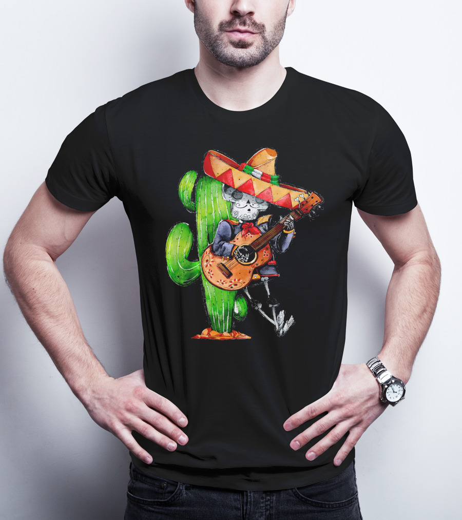 Mexican Independence Cinco De Mayo Mariachi Skeleton With Sombrero And Guitar T-Shirt