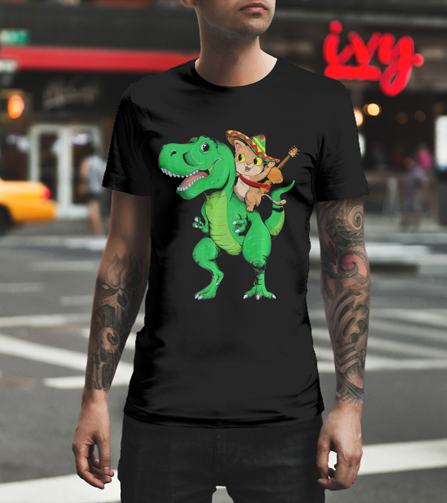 Cinco De Mayo Cat With Sombrero Riding T-Rex T-Shirt