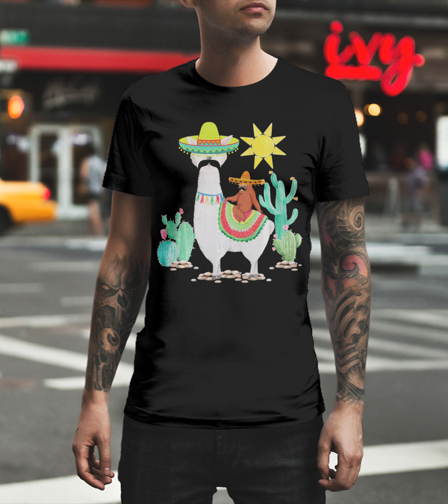 Funny Cinco De Mayo Sloth Riding Llama With Sombrero And Cactus Scene T-Shirt