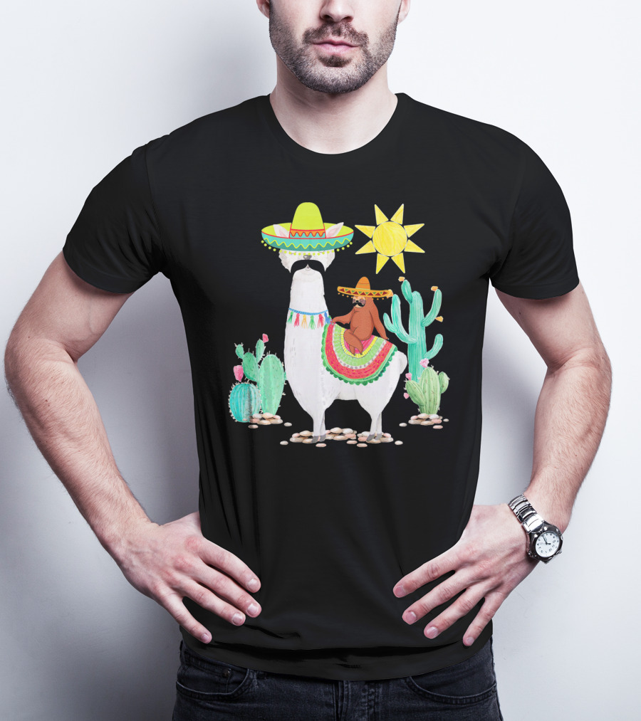 Funny Cinco De Mayo Sloth Riding Llama With Sombrero And Cactus Scene T-Shirt