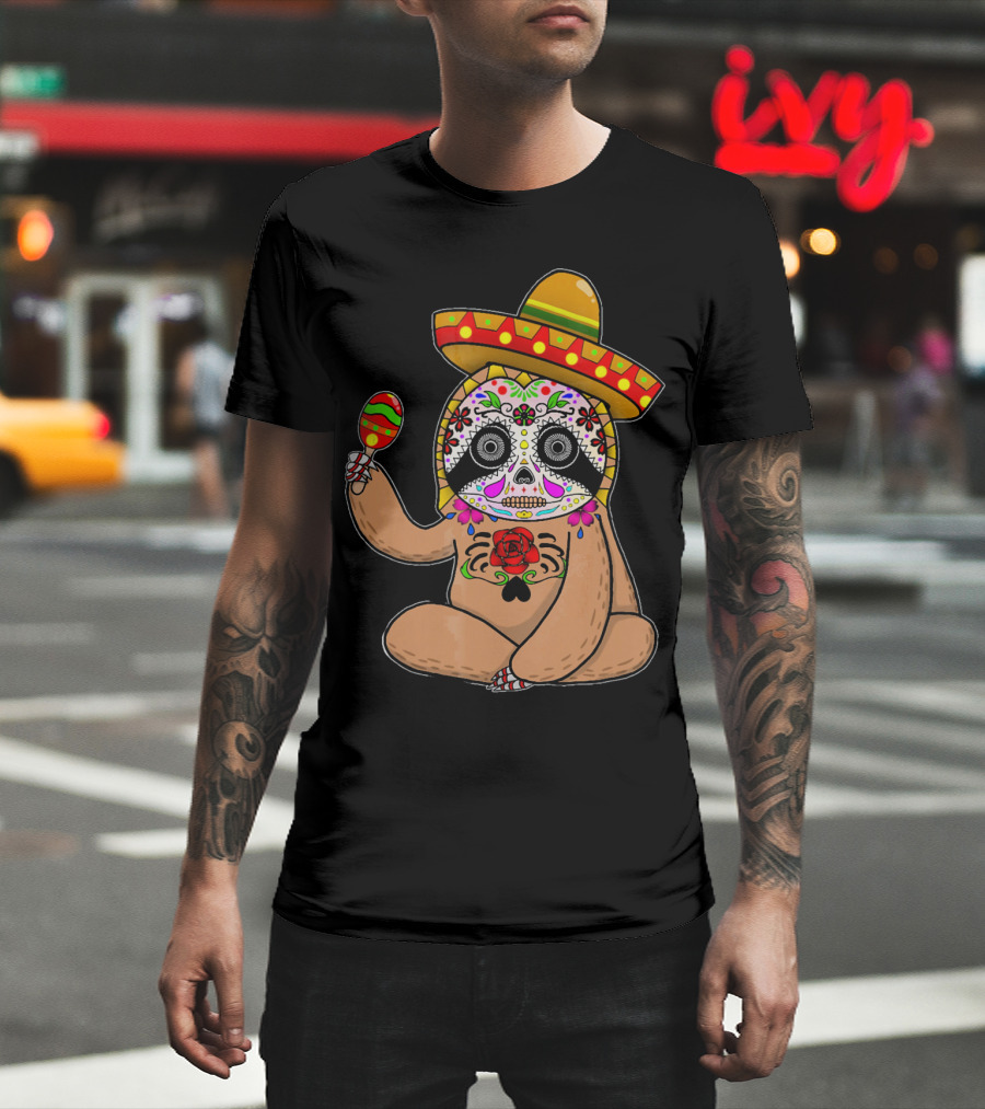 Cinco De Mayo Sloth Day Of The Dead Sombrero Maracas T-Shirt