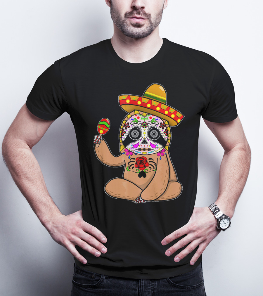 Cinco De Mayo Sloth Day Of The Dead Sombrero Maracas T-Shirt