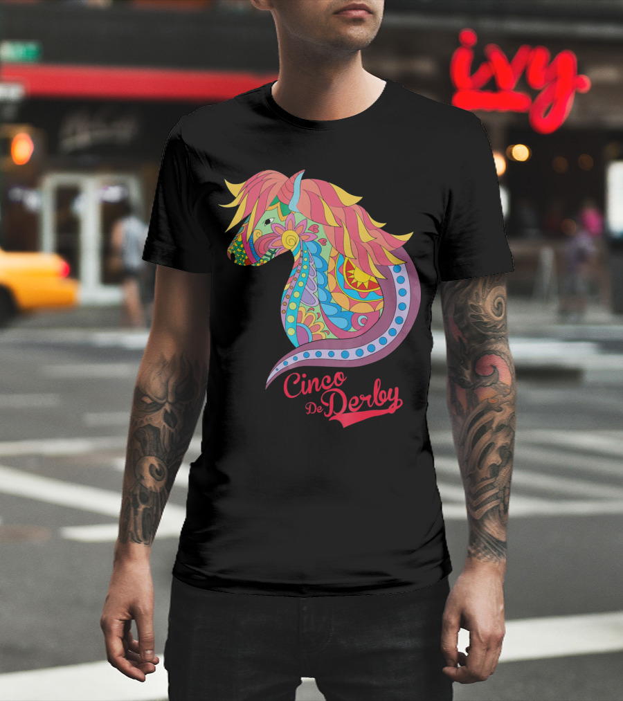 Cinco De Derby Colorful Horse Motif T-Shirt