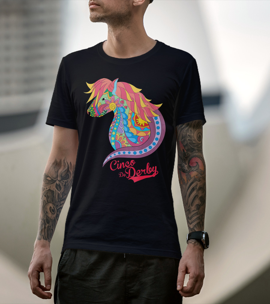 Cinco De Derby Colorful Horse Motif T-Shirt