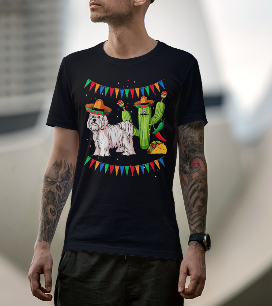 Maltese Dog Sombrero Mexico Cinco De Mayo Cactus Taco Fiesta T-Shirt