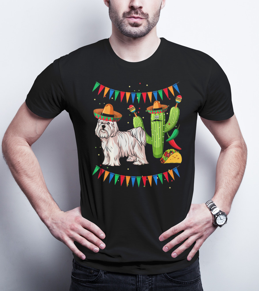 Maltese Dog Sombrero Mexico Cinco De Mayo Cactus Taco Fiesta T-Shirt