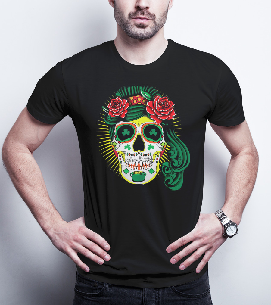 Cinco De Mayo St Patricks Day Shamrock Skull Roses T-Shirt