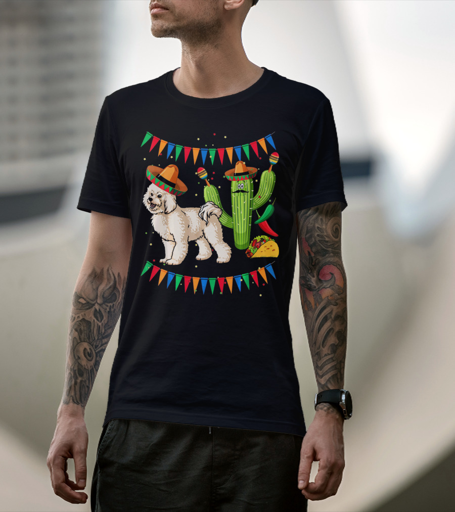 Sombrero Bichon Frise Dog And Cactus With Maracas Mexico Cinco Fiesta T-Shirt