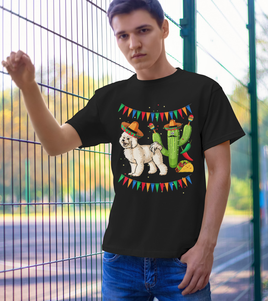 Sombrero Bichon Frise Dog And Cactus With Maracas Mexico Cinco Fiesta T-Shirt