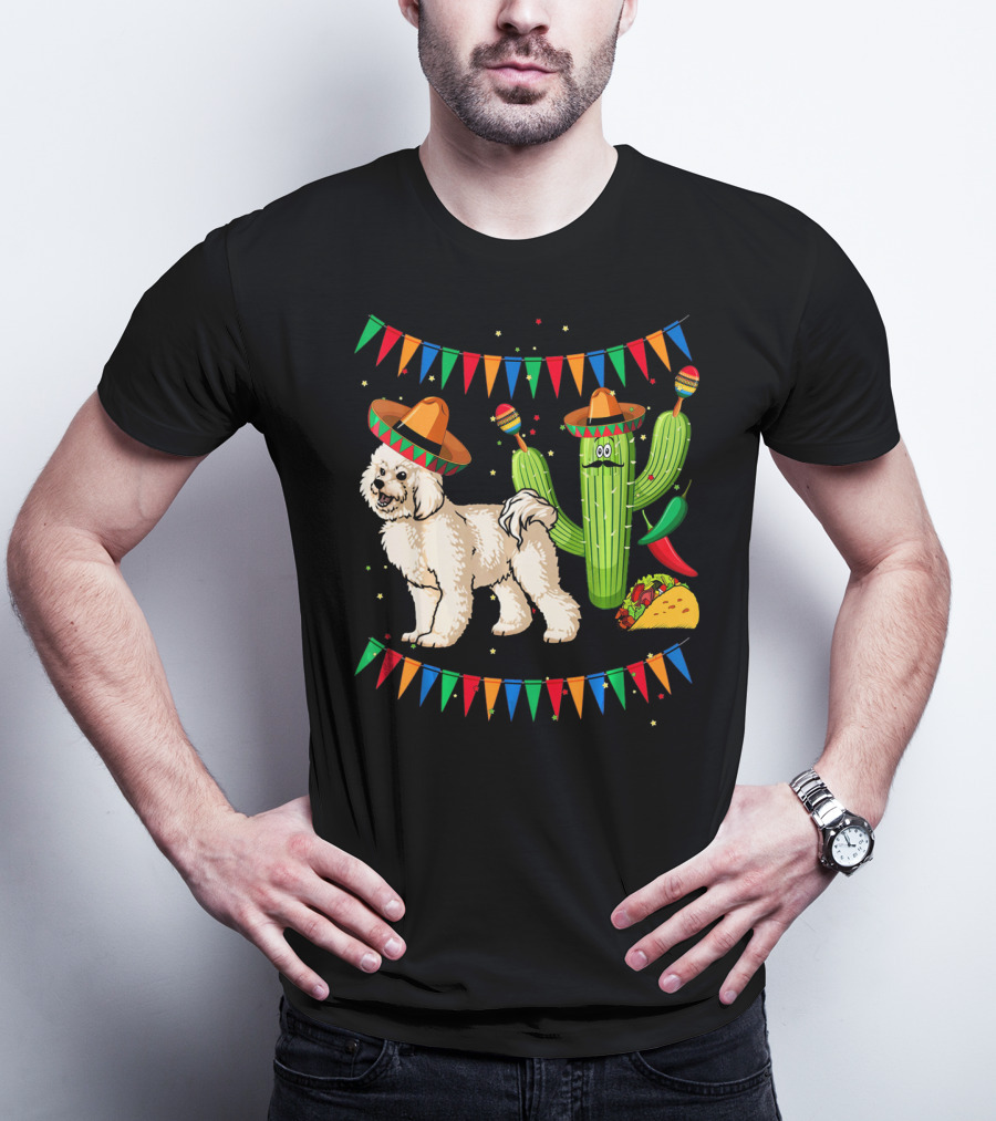 Sombrero Bichon Frise Dog And Cactus With Maracas Mexico Cinco Fiesta T-Shirt
