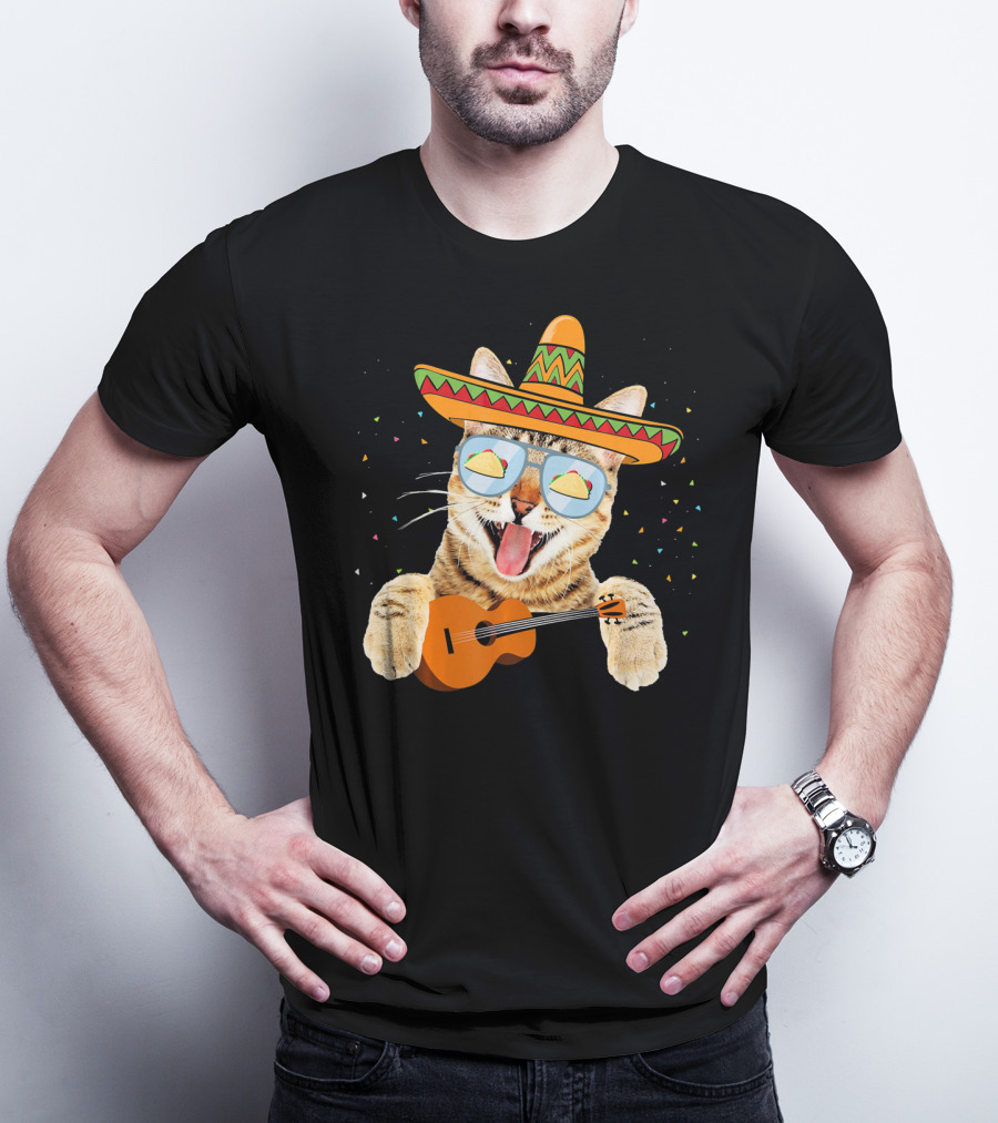 Cinco De Mayo Cat With Sombrero And Guitar T-Shirt