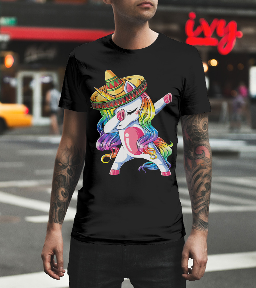 Dabbing Rainbow Unicorn With Sombrero Funny Cinco De Mayo T-Shirt
