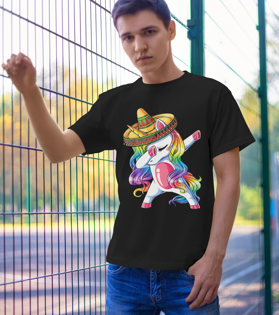 Dabbing Rainbow Unicorn With Sombrero Funny Cinco De Mayo T-Shirt