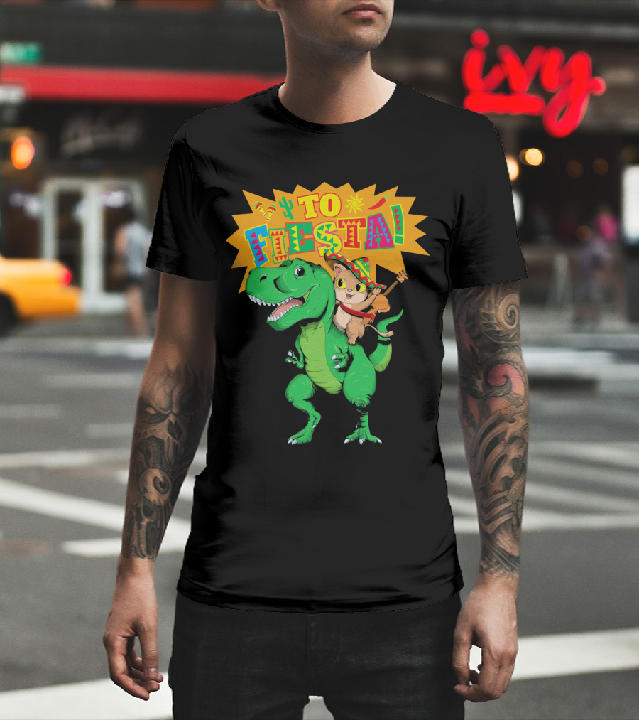 Cinco De Mayo Fiesta Cat Riding Dinosaur T-Shirt