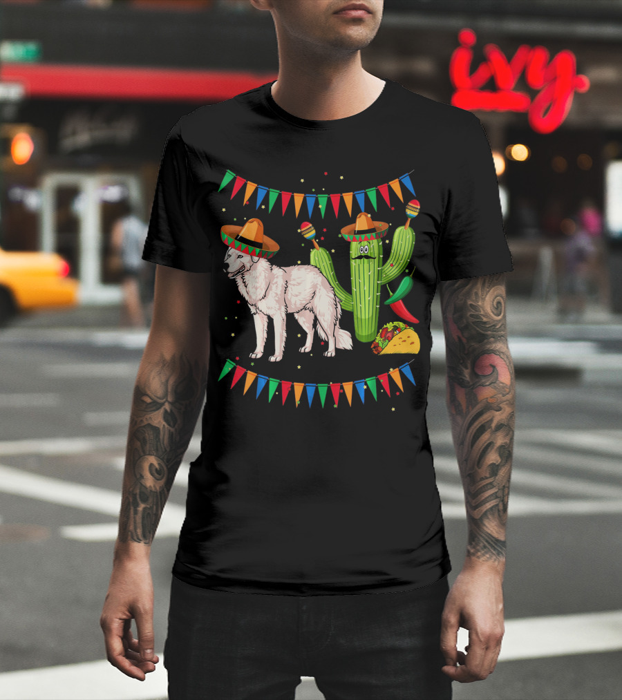 Sombrero Kuvasz Dog Mexican Fiesta With Cactus And Taco Cinco De Mayo T-Shirt