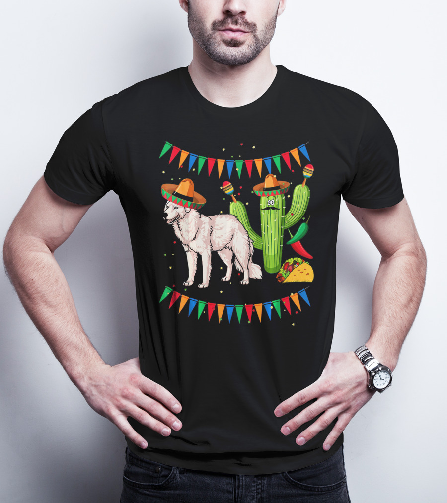 Sombrero Kuvasz Dog Mexican Fiesta With Cactus And Taco Cinco De Mayo T-Shirt