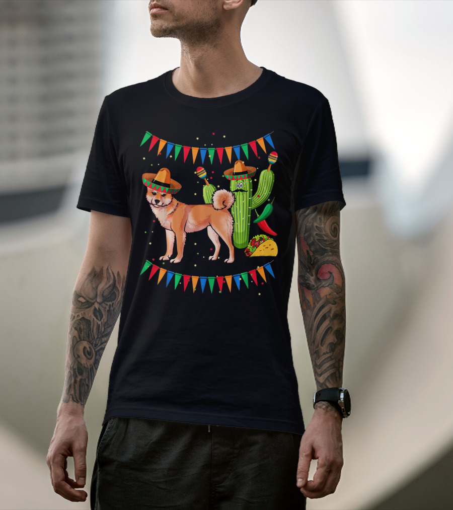 Sombrero Shiba Inu Dog Mexico Cinco De Mayo Celebration With Cactus And Taco T-Shirt