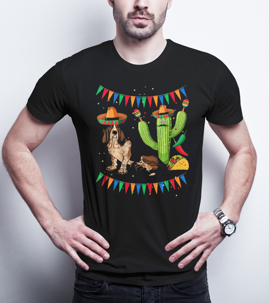 Sombrero Basset Hound Dog Mexico Cinco Cactus Taco Fiesta Decor T-Shirt