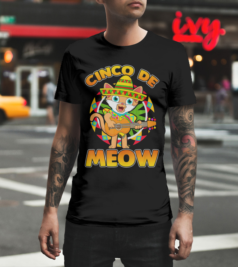 Cinco De Meow Mexican Sombrero Cat Playing Guitar T-Shirt
