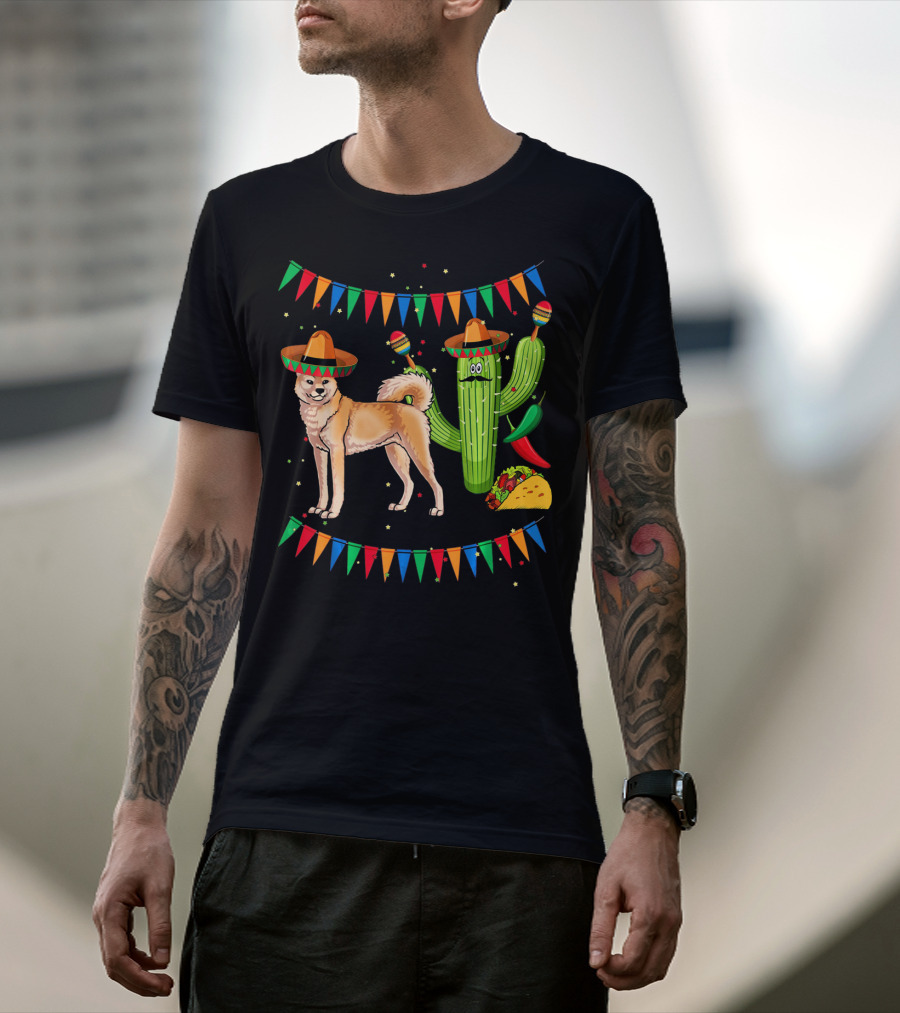 Sombrero Akita Dog Cactus Taco Maracas Mexico Cinco De Mayo T-Shirt