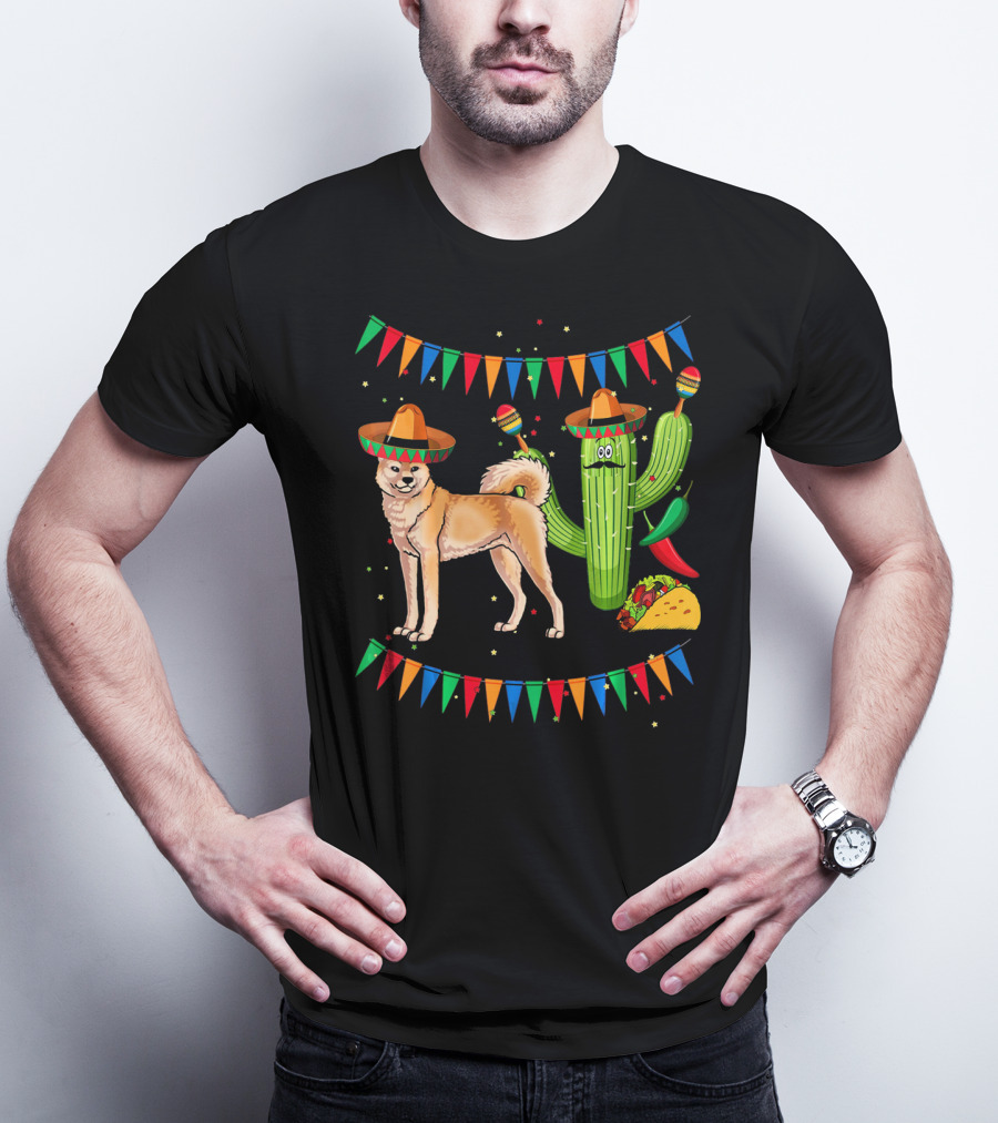 Sombrero Akita Dog Cactus Taco Maracas Mexico Cinco De Mayo T-Shirt