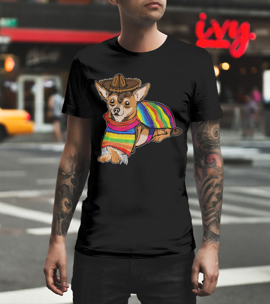 Cute Dog Chihuahua Chiweenie Mexico Sombrero Rainbow Poncho Cinc T-Shirt