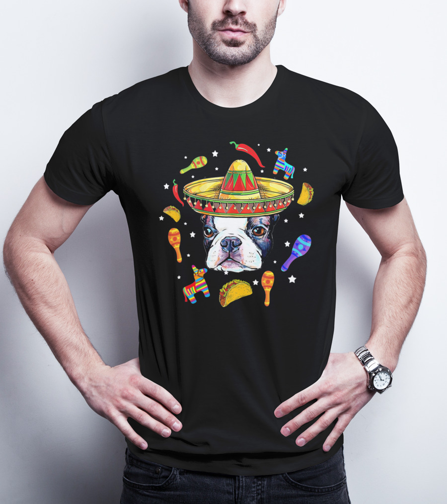 Cinco De Mayo Boston Terrier Sombrero Taco Fiesta T-Shirt