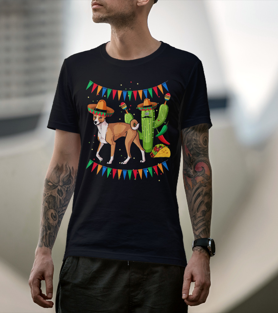 Sombrero Basenji Dog And Cactus Mexico Cinco De May Fiesta Elements T-Shirt