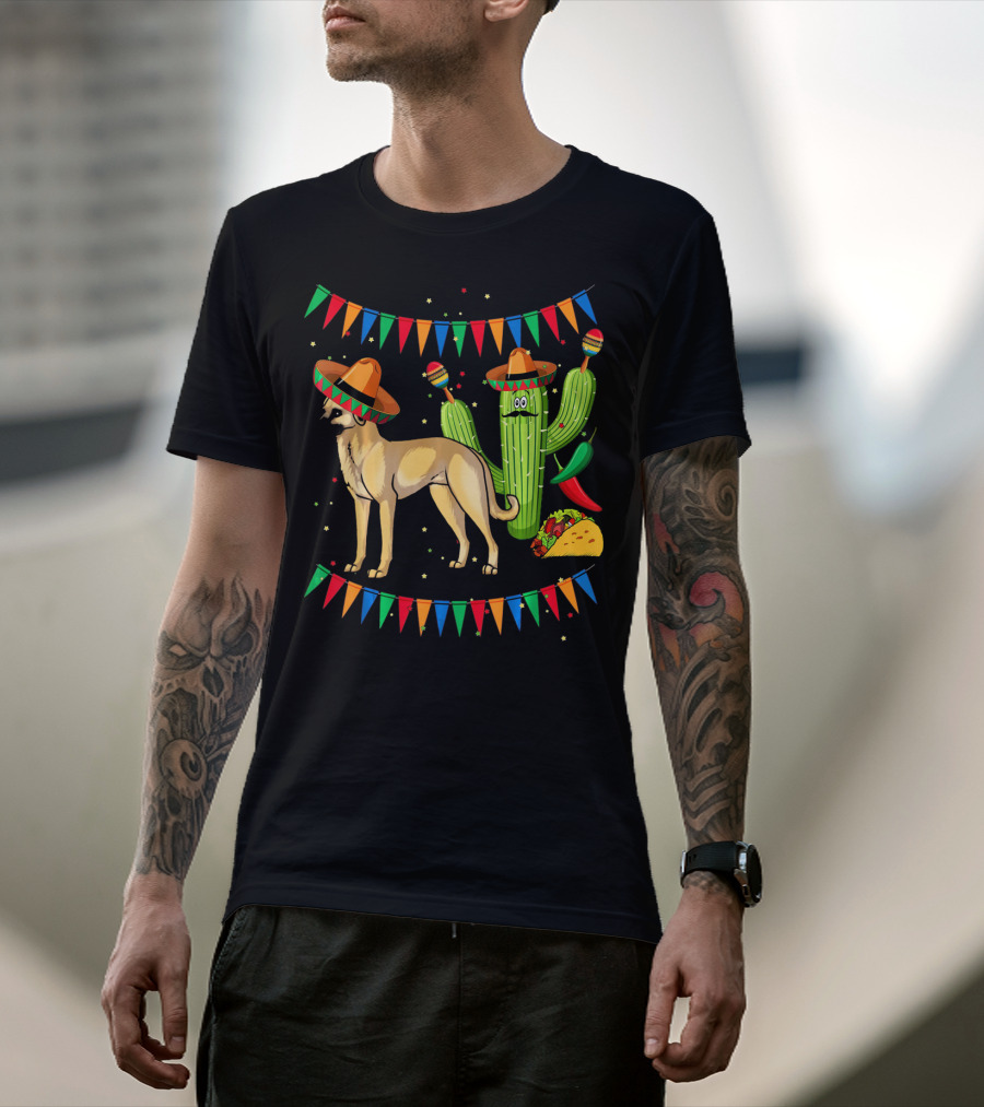 Sombrero-Clad Anatolian Shepherd Dog With Mexican Cactus And Taco Fiesta Banners T-Shirt