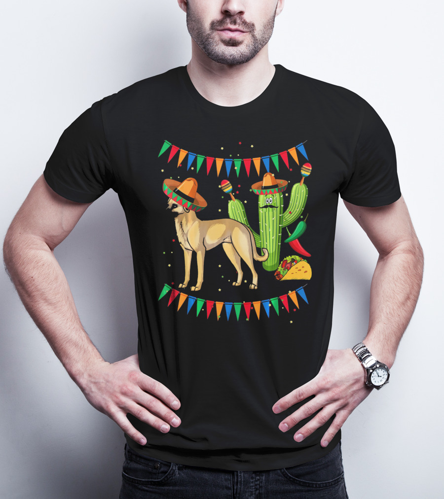 Sombrero-Clad Anatolian Shepherd Dog With Mexican Cactus And Taco Fiesta Banners T-Shirt