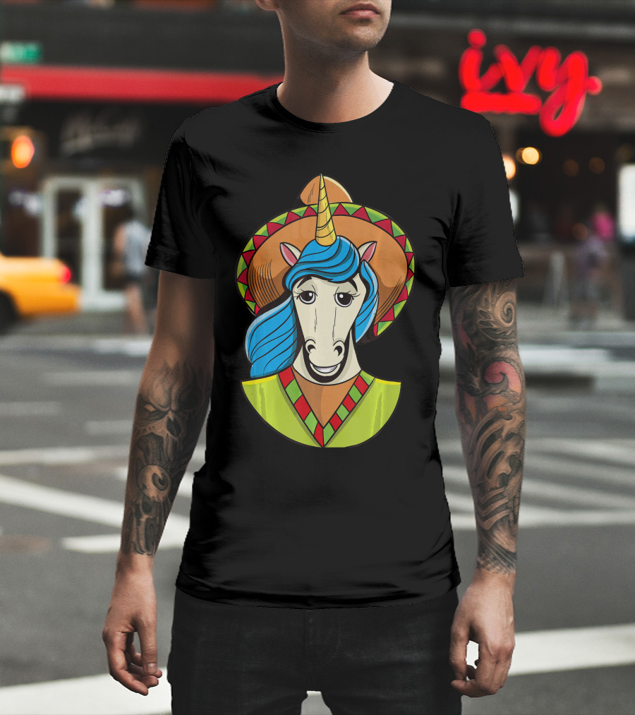 Hispanic Unicorn In Sombrero With Colorful Mane For Cinco T-Shirt