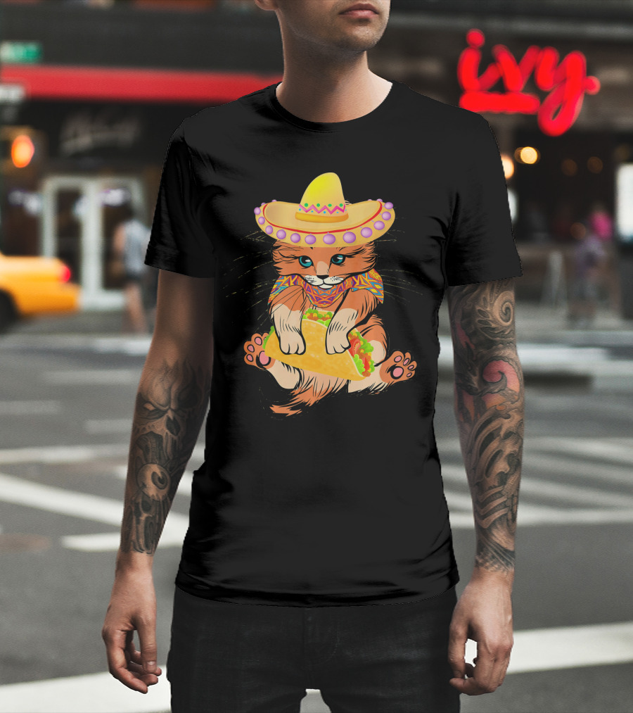 Cinco De Mayo Funny Cat In Sombrero Holding Taco T-Shirt