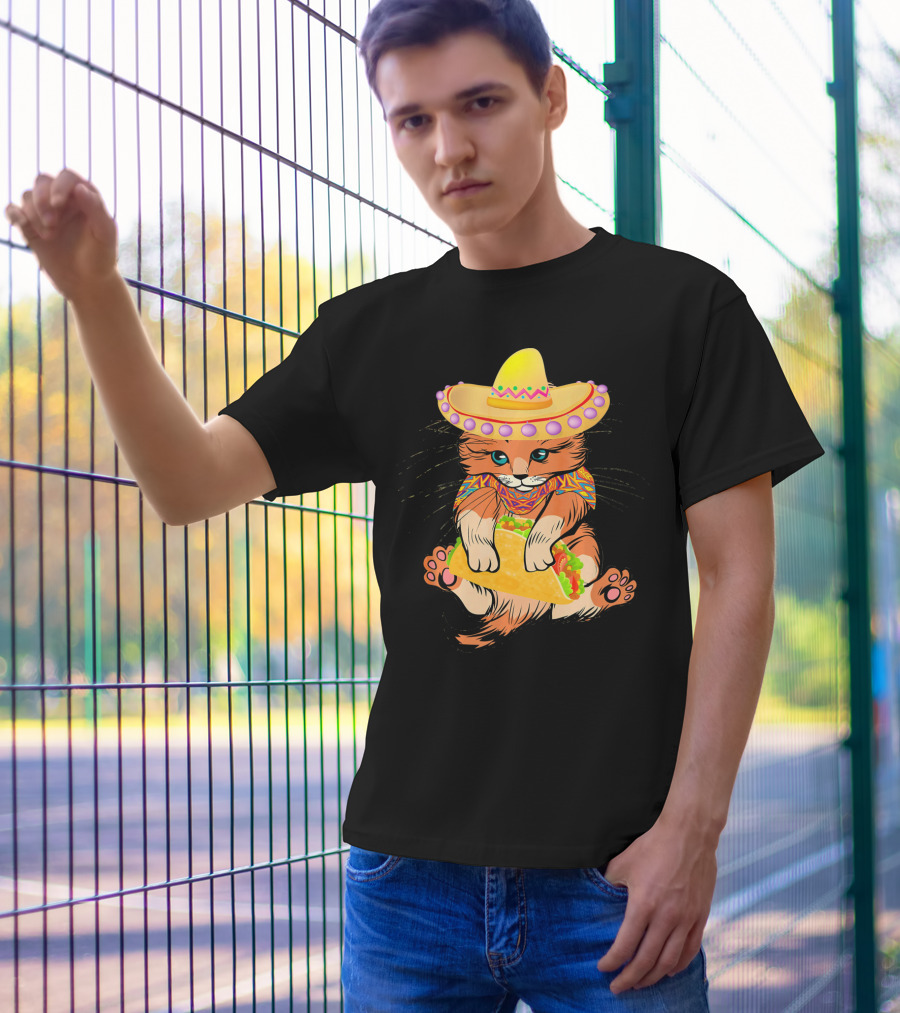 Cinco De Mayo Funny Cat In Sombrero Holding Taco T-Shirt