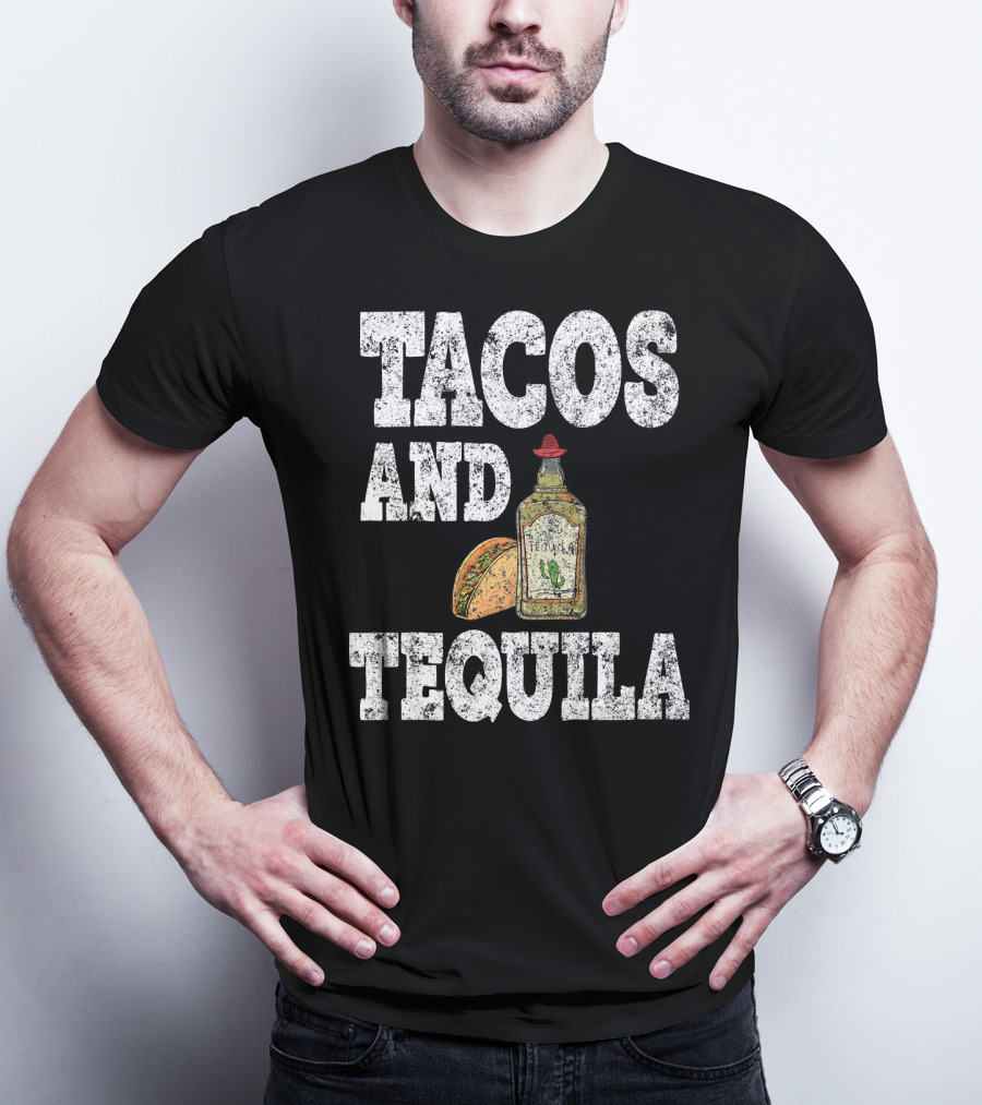 Tacos And Tequila With Bottle And Sombrero For Cinco De Mayo T-Shirt