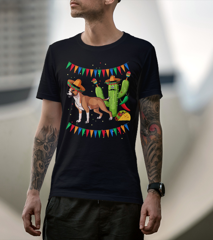Cinco Sombrero Staffordshire Terrier Dog With Festive Cactus And Taco T-Shirt