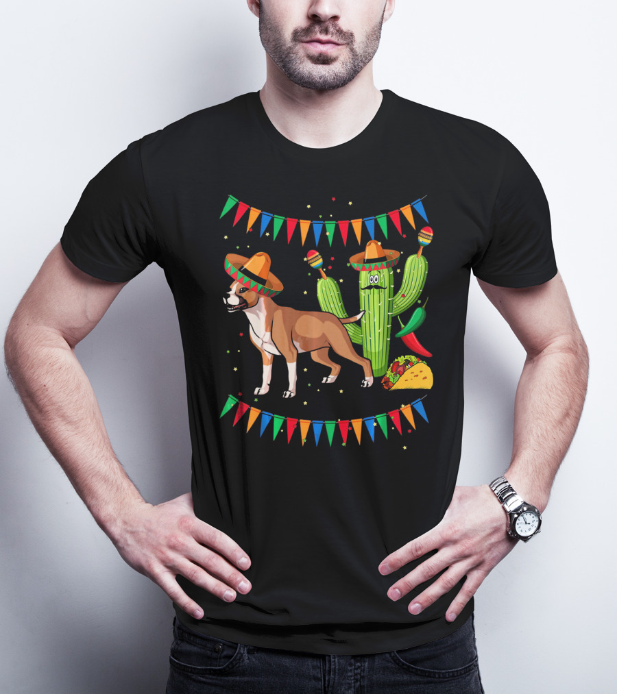 Cinco Sombrero Staffordshire Terrier Dog With Festive Cactus And Taco T-Shirt