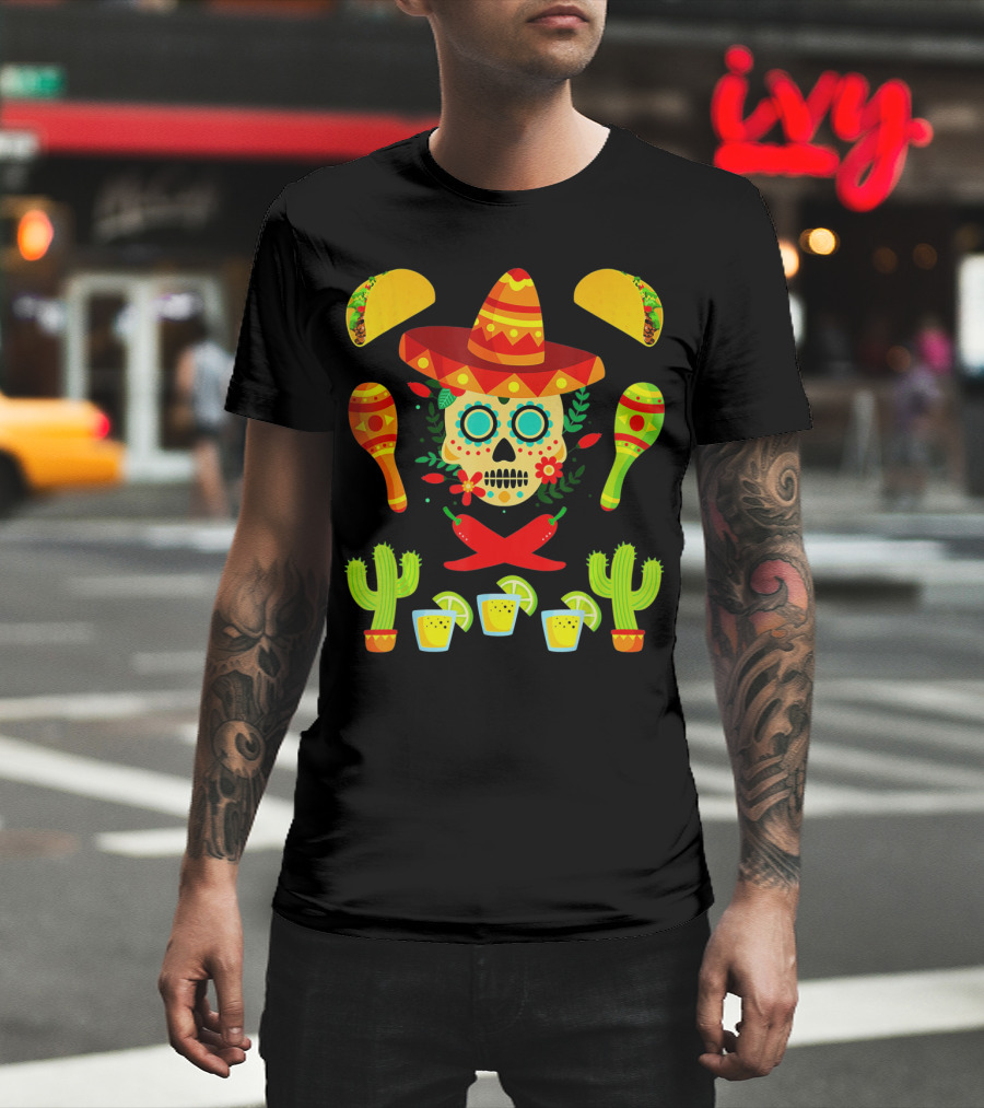 Festive Cinco De Mayo Sombrero Skull With Tacos And Maracas T-Shirt