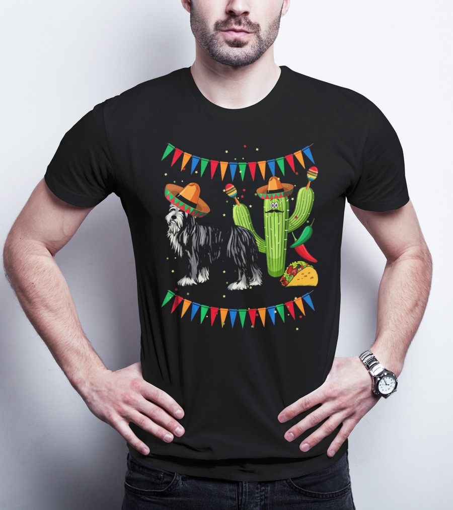 Sombrero Bearded Collie Dog Cactus Fiesta Mexico Cinco De Mayo Flags Taco Maracas T-Shirt