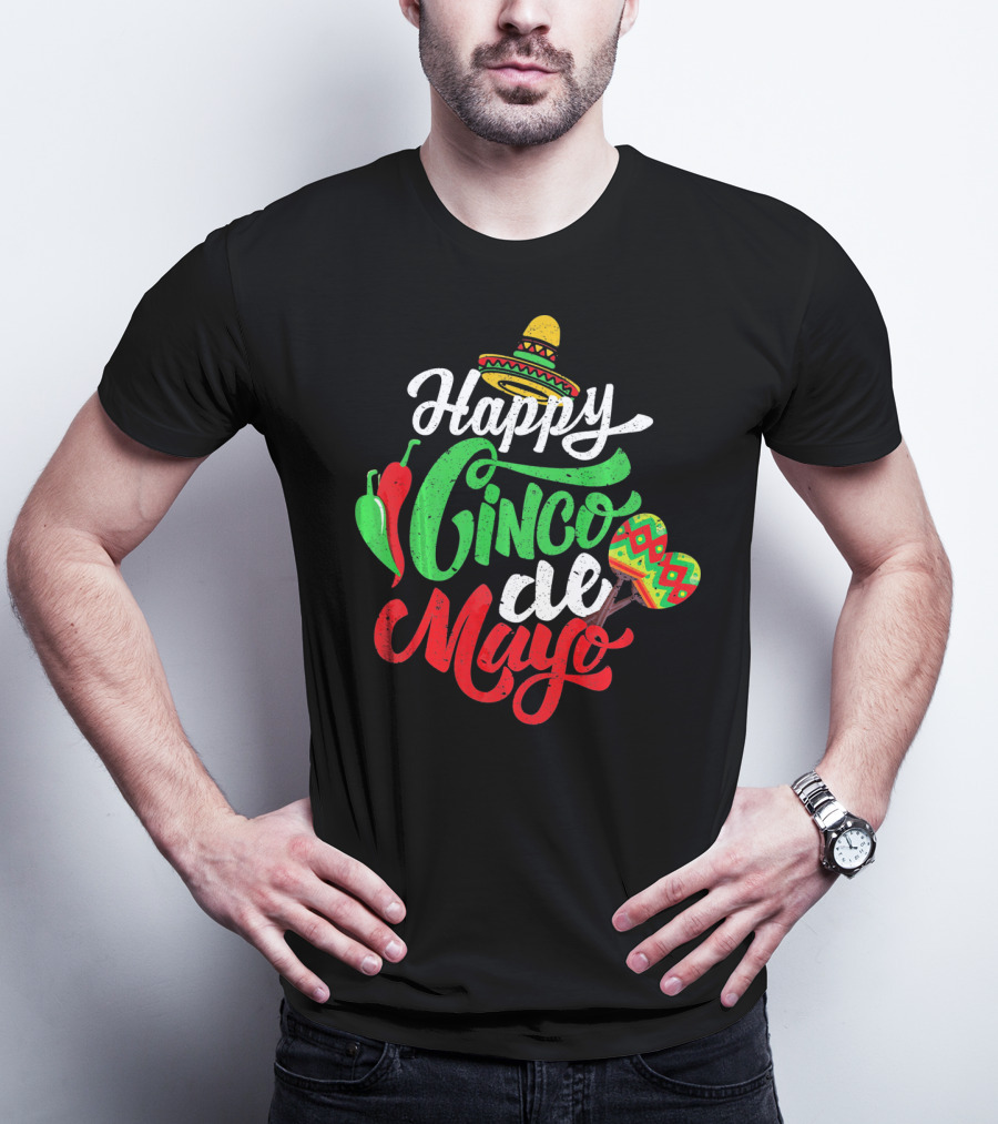 Happy Cinco De Mayo Mexican Peppers Sombrero Maracas T-Shirt