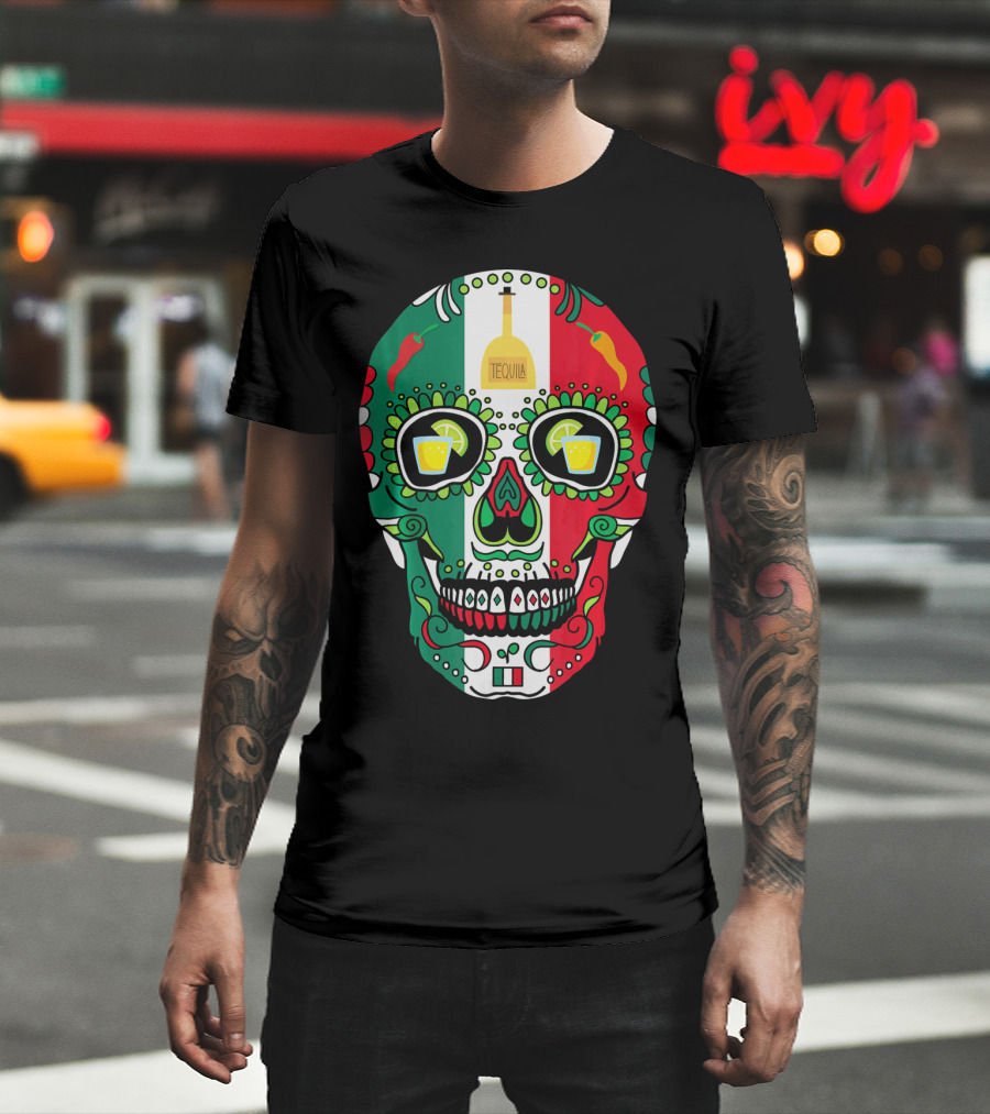 Mexican Cinco De Mayo Tequila Skull With Flag Colors And Chili Peppers T-Shirt