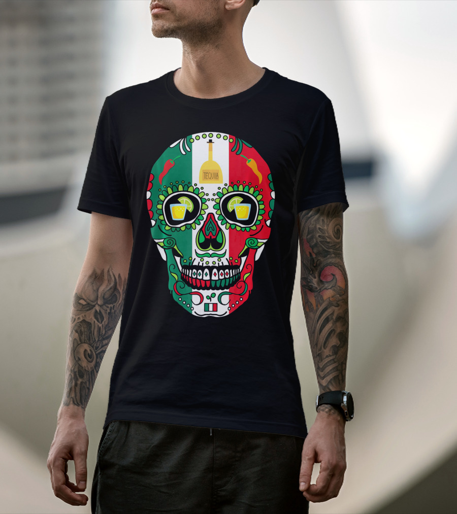 Mexican Cinco De Mayo Tequila Skull With Flag Colors And Chili Peppers T-Shirt