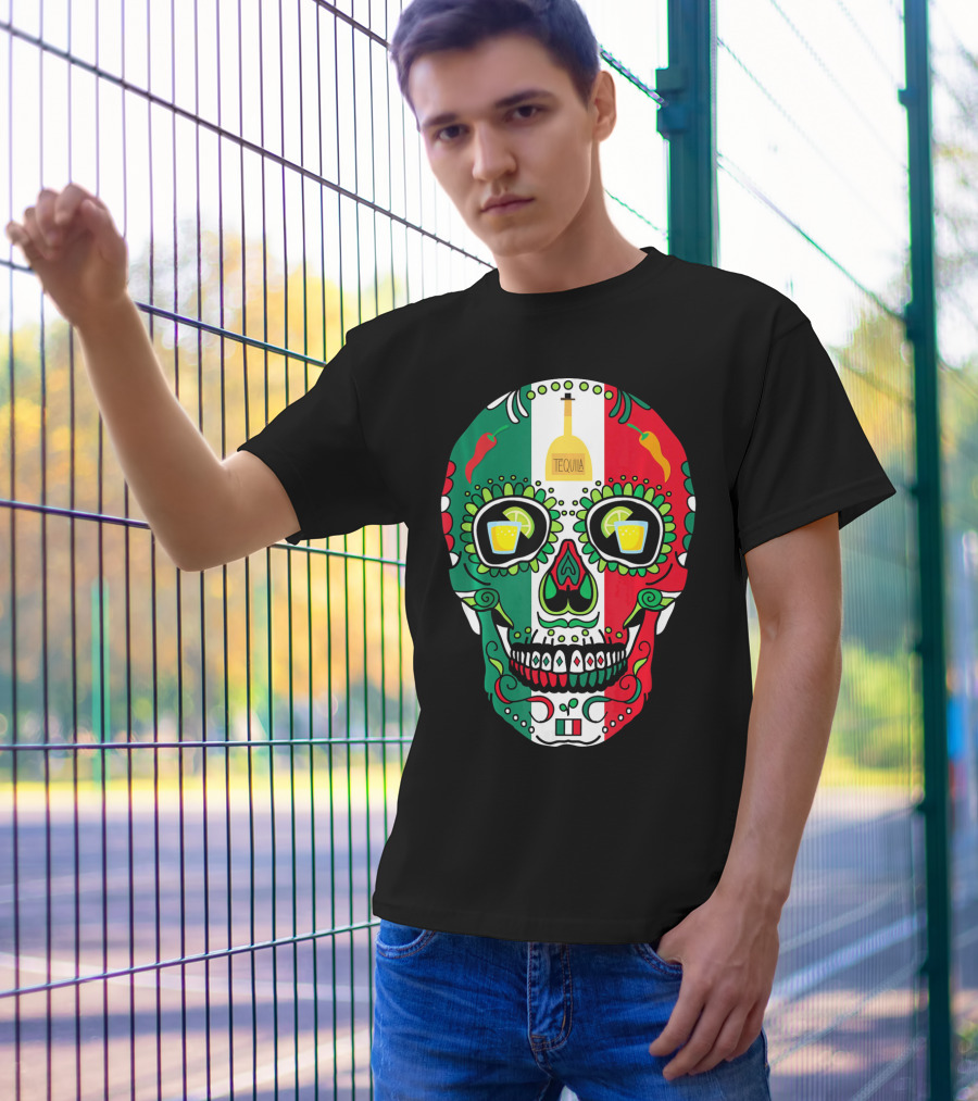 Mexican Cinco De Mayo Tequila Skull With Flag Colors And Chili Peppers T-Shirt