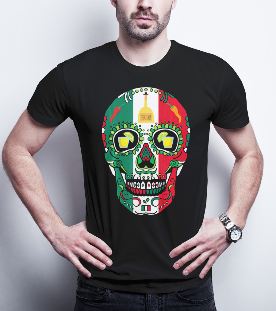 Mexican Cinco De Mayo Tequila Skull With Flag Colors And Chili Peppers T-Shirt