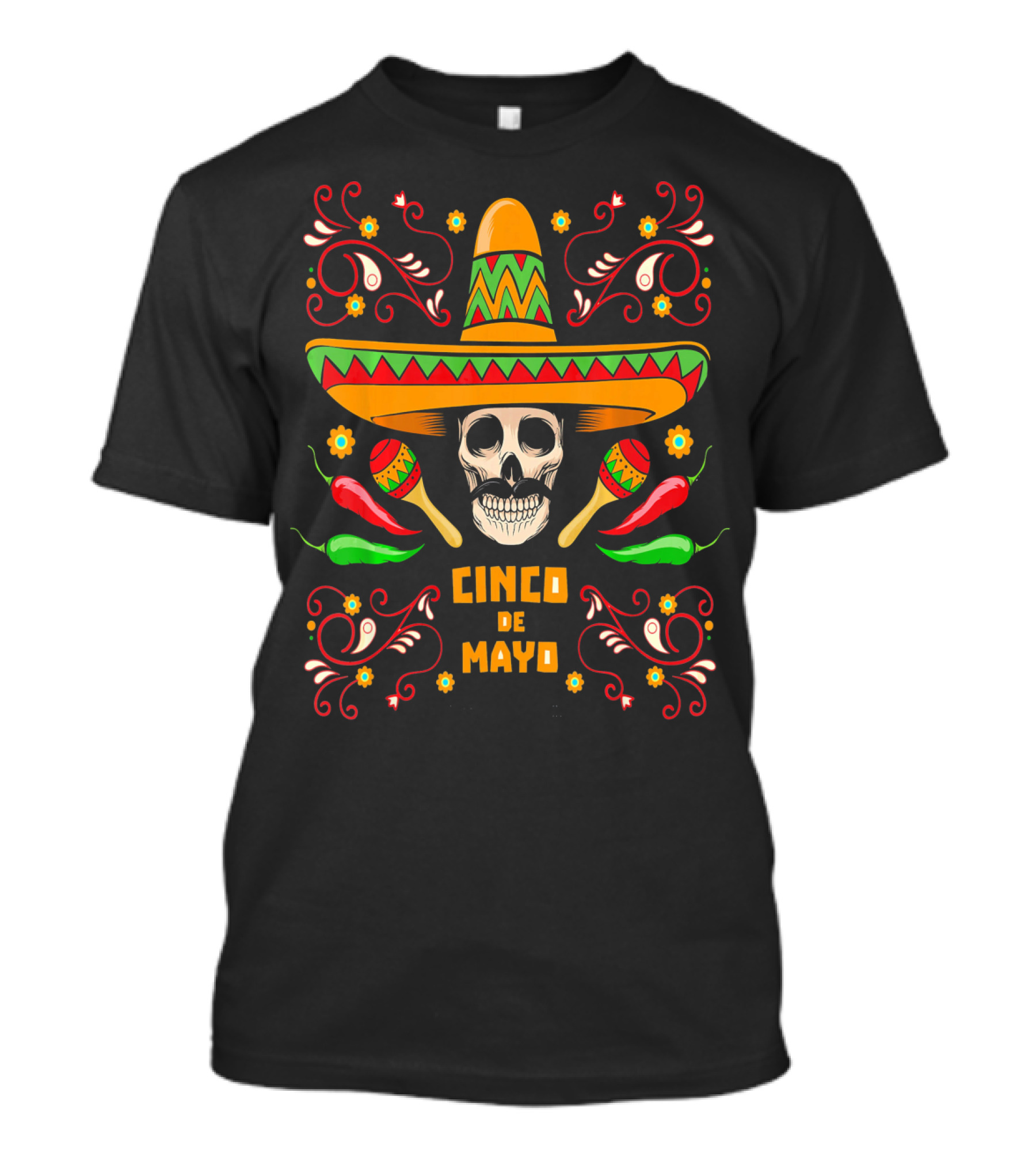 Cinco De Mayo Skull With Sombrero Maracas And Peppers T-Shirt