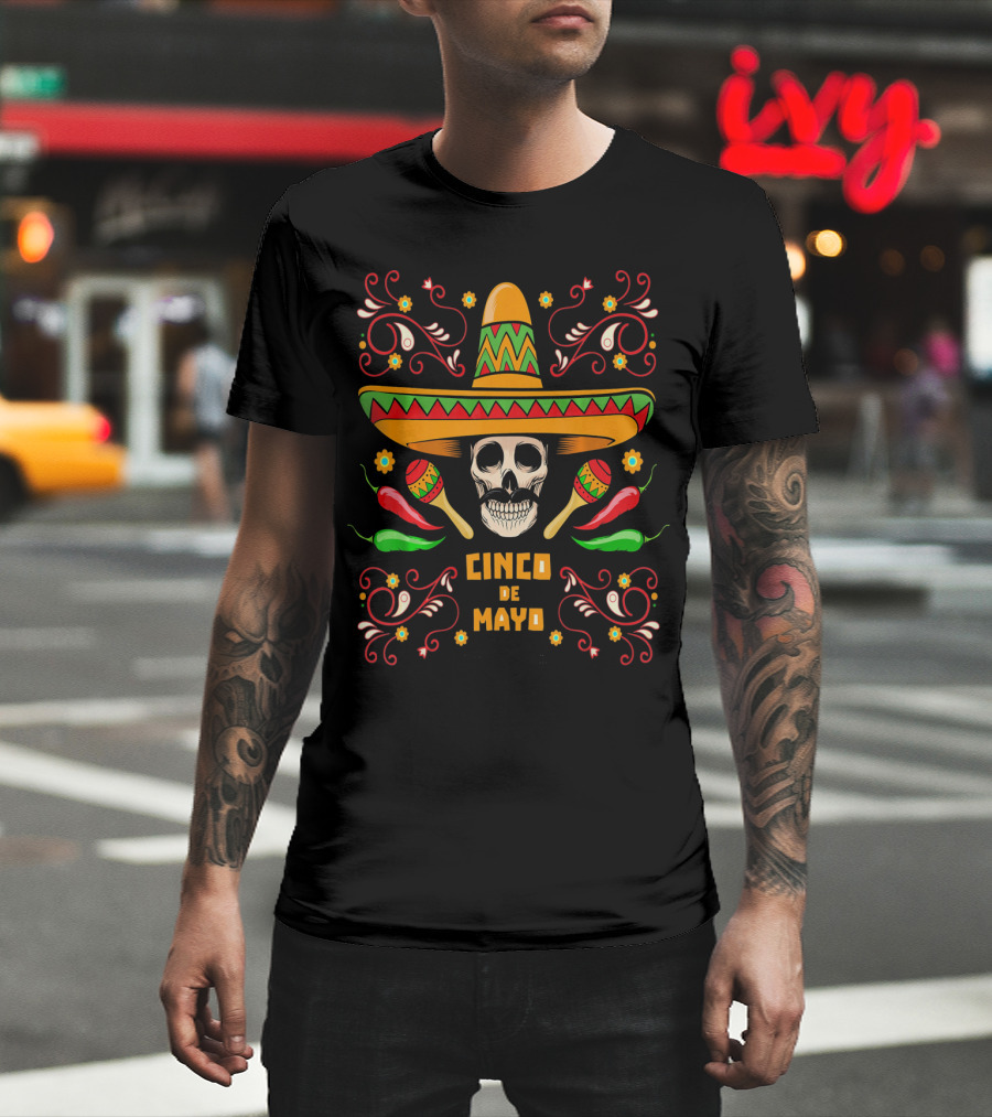 Cinco De Mayo Skull With Sombrero Maracas And Peppers T-Shirt